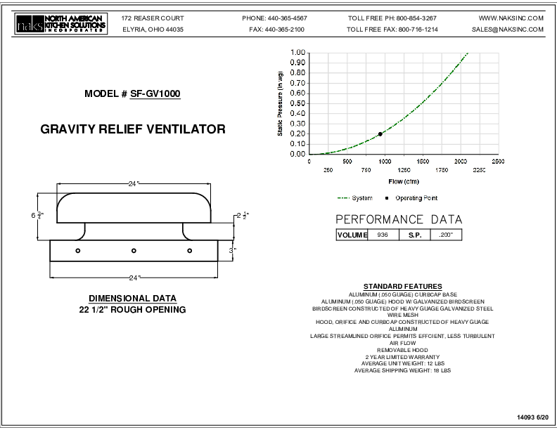 SF-GV1000 Gravity Relief Supply Vent 1000 CFM
