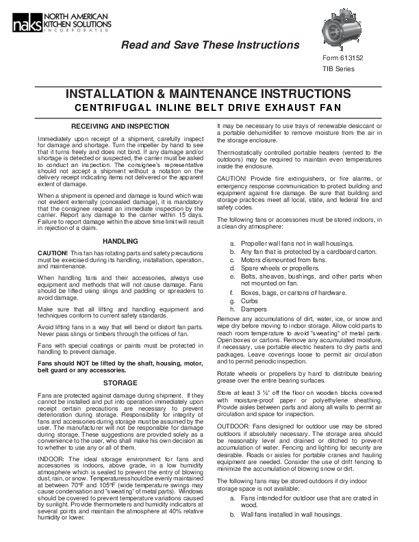 Belt Drive Centrifugal Inline Exhaust Fan 1233 CFM, 1425RPM, 1PH