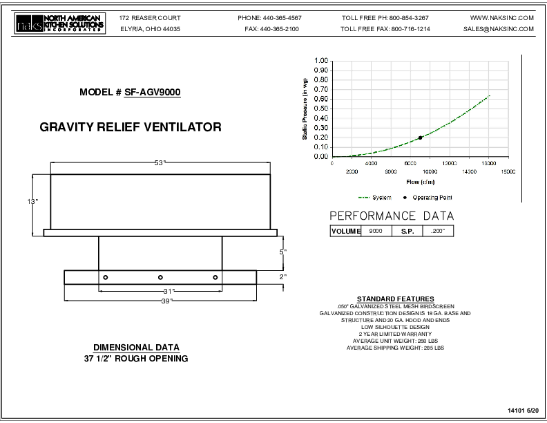 SF-AGV9000 Gravity Relief Supply Vent 7000 CFM